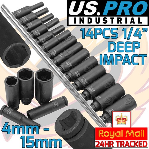US PRO INDUSTRIAL 1/4"INCH Drive Deep IMPACT Socket Set Socket 4mm-15mm ...