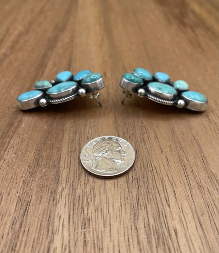 Navajo Handmade Sterling Silver Kingman Turquoise Half Cluster Earrings ...