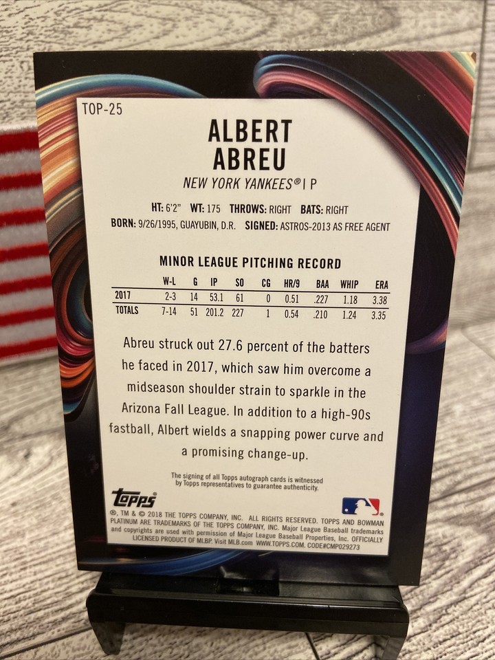 Albert Abreu Auto Bowman Platinum 2018 Yankees Autograph Card 56/150 ...