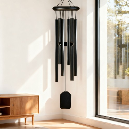Black Aluminum and Pine Wood Wind Chime 22 Inch 6 Tube for Outdoor ...