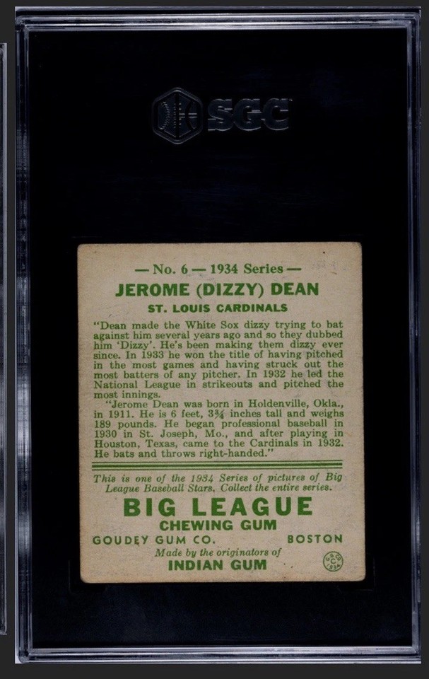 1934 Goudey # 6 Dizzy Dean SGC 3 Vg Nicely Centered Really Good Color ...