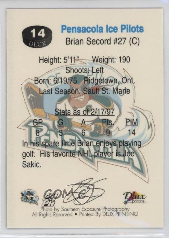 1996-97 Pensacola Ice Pilots Team Issue Brian Secord #14 | eBay