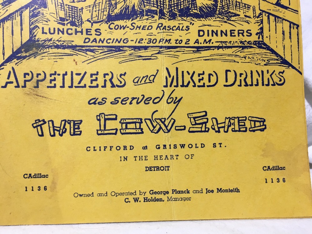 1930's The Cow Shed Menu Detroit, MI Dinner/Drinks/Dancing now Downtown ...