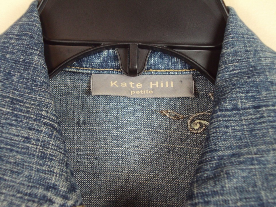 KATE HILL Distressed Denim Stretch Jean Jacket w/Embroidered Floral ...