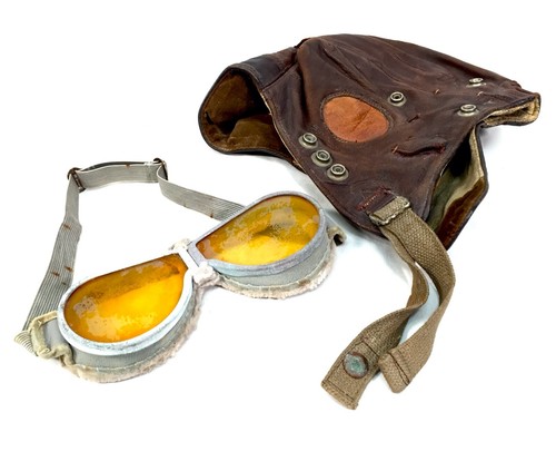 Antique 1940s Brown Leather Flying Cap & Goggles / Car Racing / RAF ...