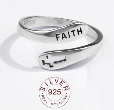 Faith Ring - 925 Sterling Silver Adjustable with Engraved Cross & Faith ...
