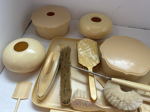 Vintage 20 Piece Yellow Bakelite Or Celluloid? MCM Vanity Set. | eBay