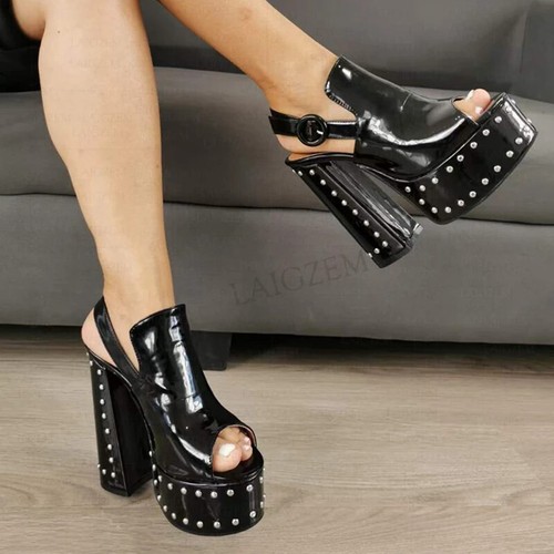 Women Platform Pumps Open Toe Thick High Heeled Studded Height Increase ...
