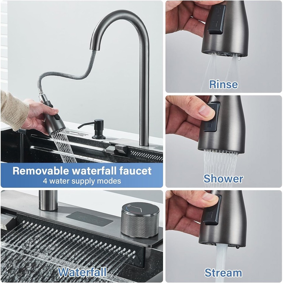 30X18 INCH Two Waterfall Smart Kitchen Sink with Digital Display Pull ...