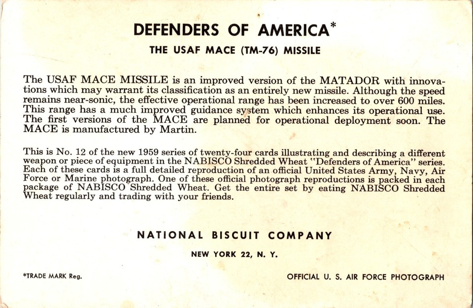 Postcard Defenders of America The USAF Mace Missile TM-76 Air Force ...