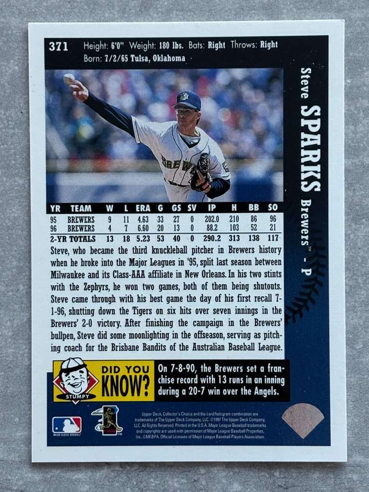 1997 Upper Deck STEVE SPARKS Brewers "Awkward Wave" Funny Real Baseball ...