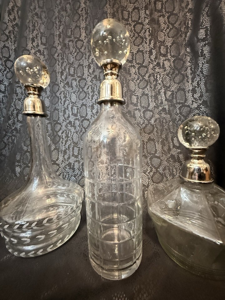 3 Vintage Decanters~Bourbon Scotch Spirits~Unique Shapes-Clear Glass ...