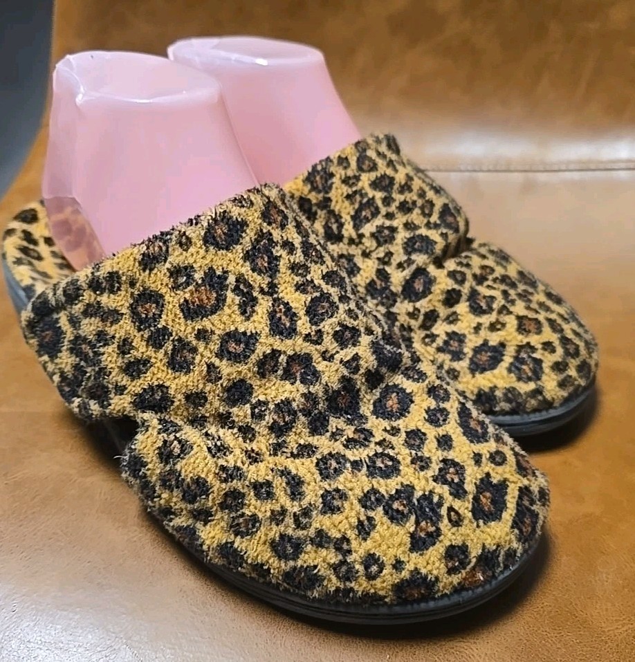 Vionic Gemma Tan Leopard Terry Orthaheel Slip On Mule Slipper Womans ...