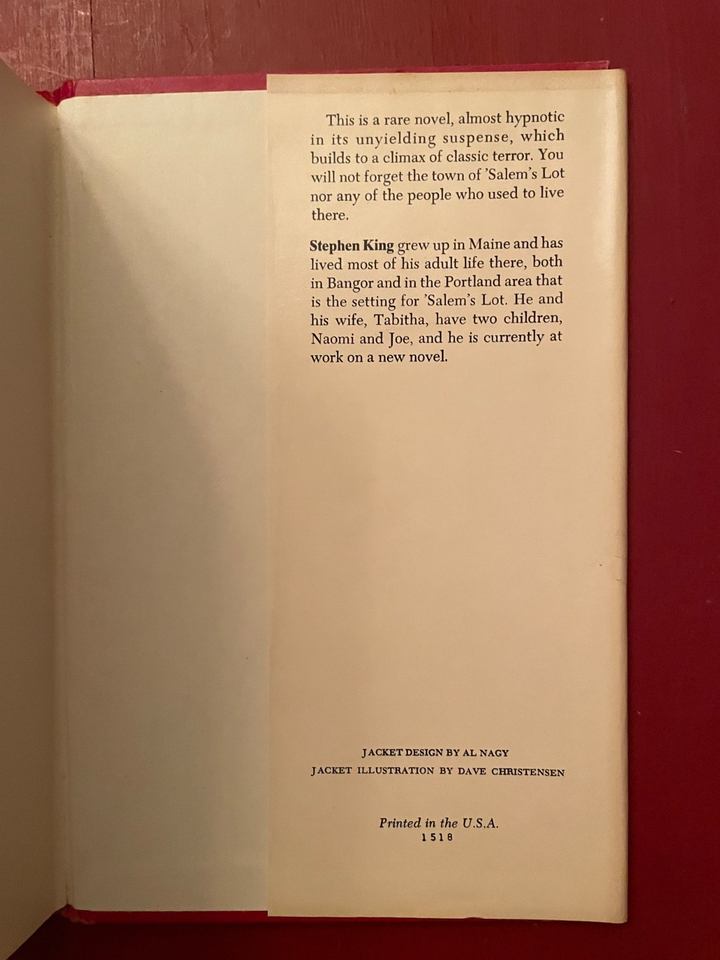 Stephen King Salem's Lot 1975 Hardcover BCE DJ Gutter code V16 | eBay