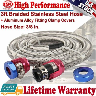 3/8" Hose 3ft Stainless Steel Flex Braid Gas Oil Fuel Line Repair Kit w ...