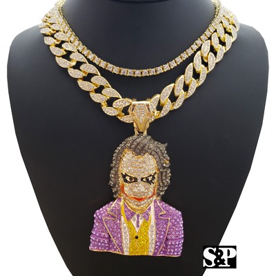 Hip Hop Joker Pendant w/ 18" Full Iced Cuban & 1 ROW DIAMOND Choker ...
