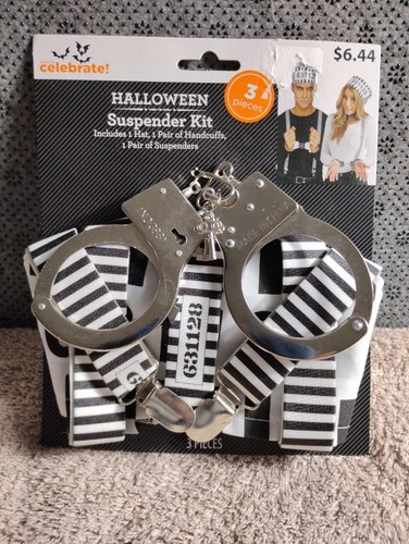 Suspenders, Handcuffs, Hat Kit 3 Pieces Prisoner Costume Halloween ...