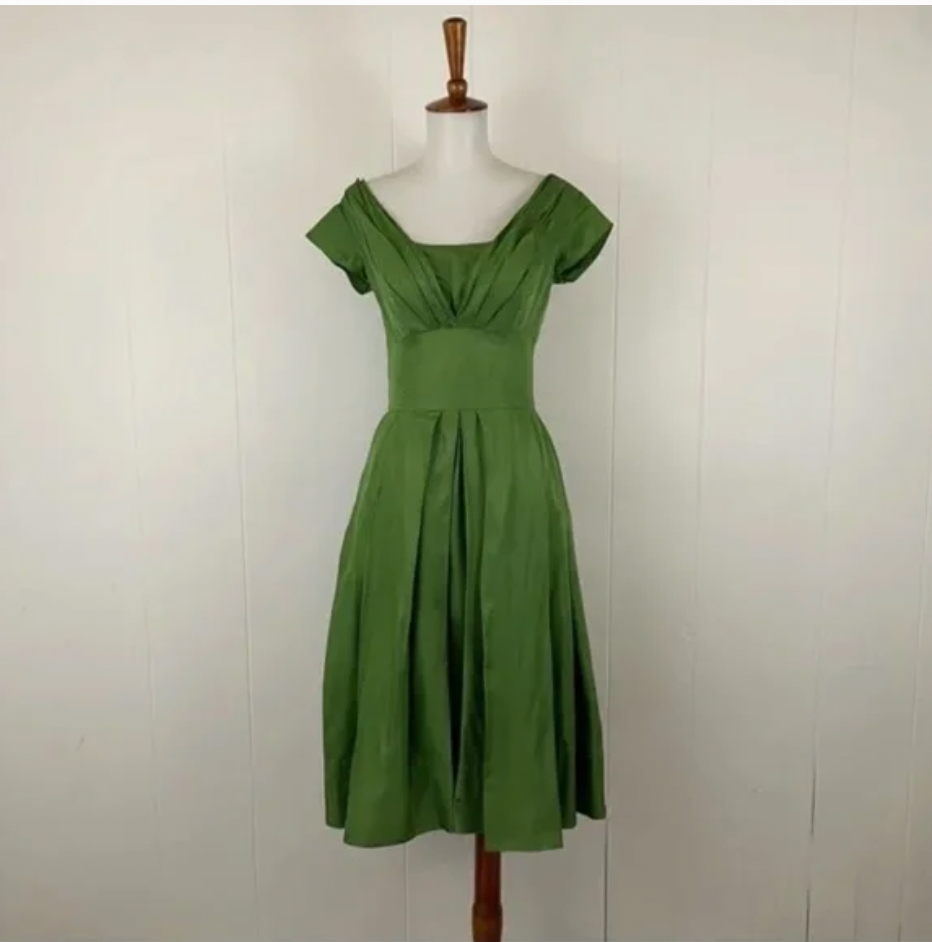 1950's Vintage Cap Sleeve Kelly Green Pleated A-Line Midi Dress | eBay