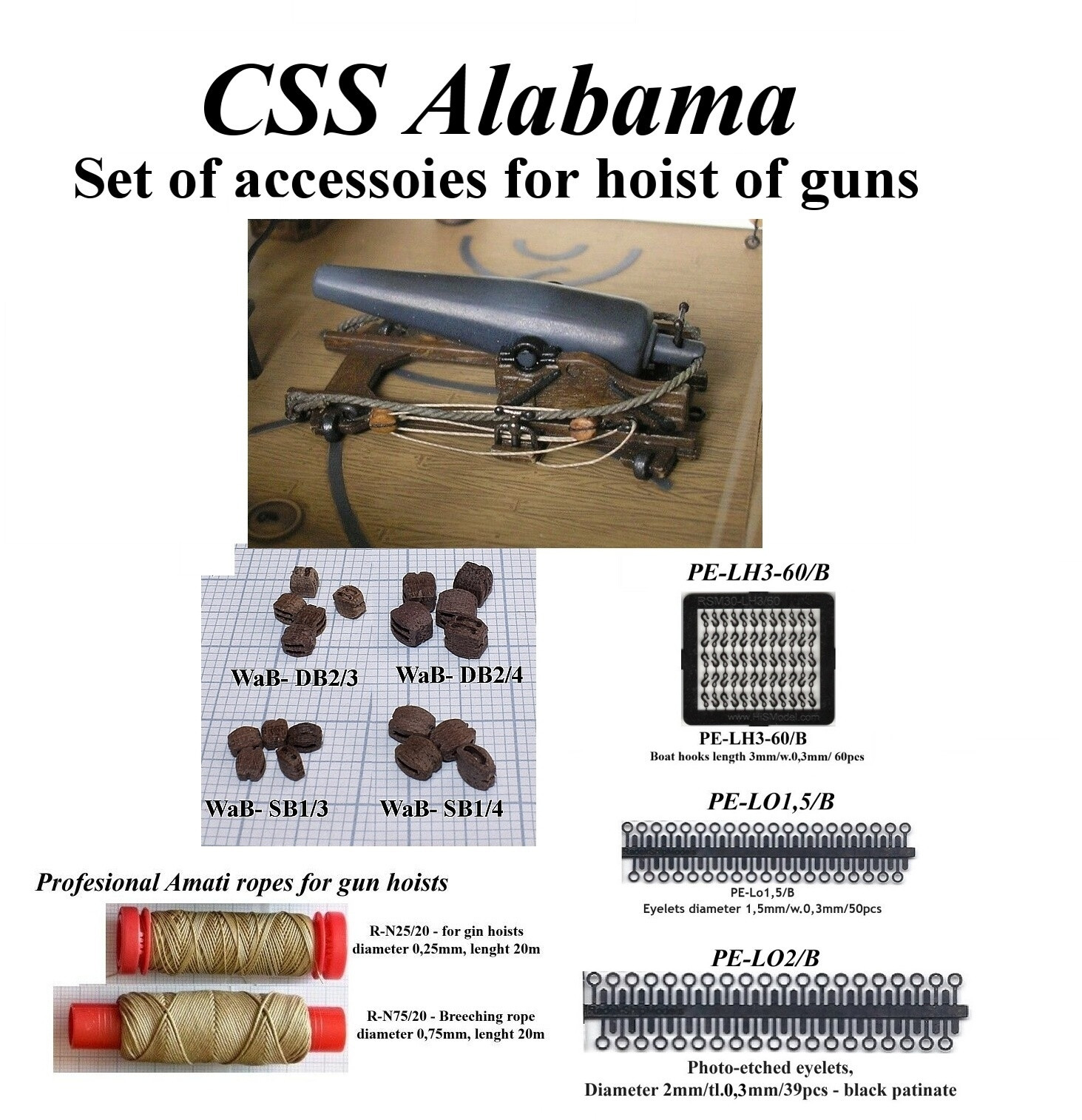 Revell CSS Alabama 1:96 - set 60x wooden blocks, hooks, eyelets, ropes ...