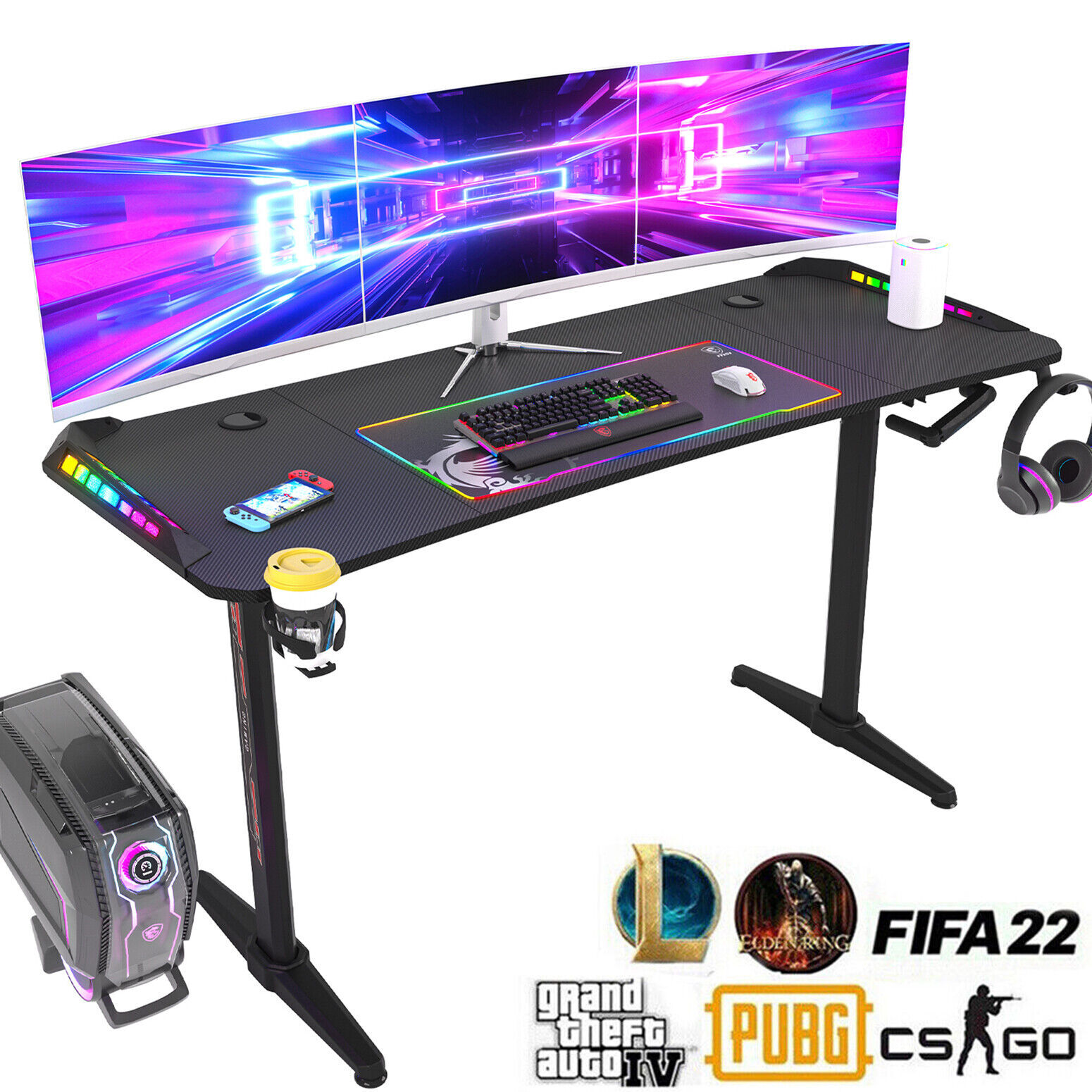 Multi-style Pro Gaming Desk RGB LED PC Computer Racer Table Anti ...