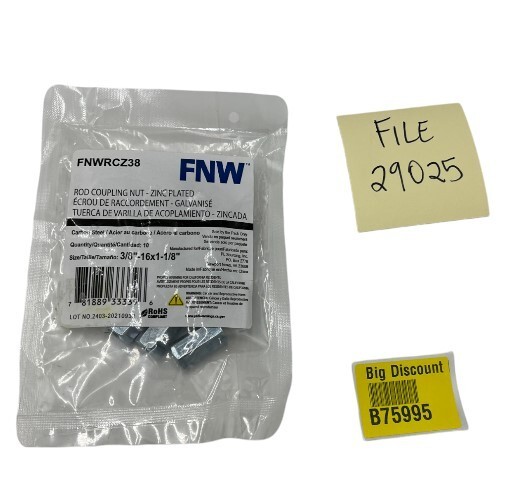 5 Pack of 10 FNW Zinc Plated Rod Coupling Nut 3/8"-16x1-1/8" FNWRCZ38 ...