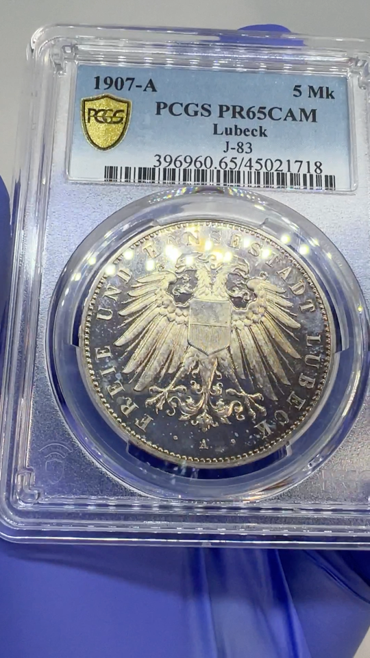 German States Lubeck 1907 5 Mark Coin Thaler Taler PCGS PR 65 CAMEO PP ...