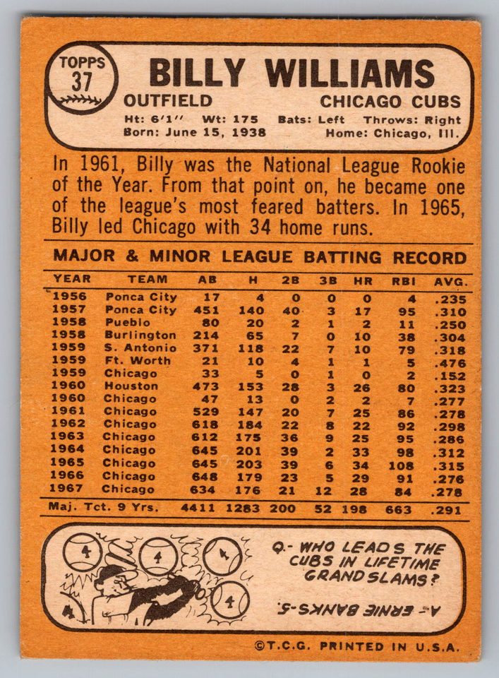 1968 TOPPS #37 BILLY WILLIAMS CUBS | eBay