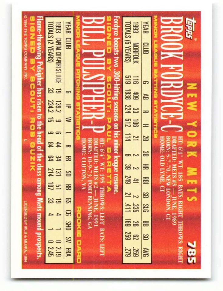 1994 Topps #785 Brook Fordyce/Bill Pulsipher NM-MT Mets | eBay