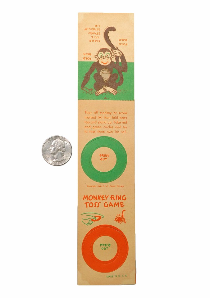 1941 CRACKER JACK PRIZE CARDBOARD MONKEY RING TOSS GAME C. CAREY CLOUD ...