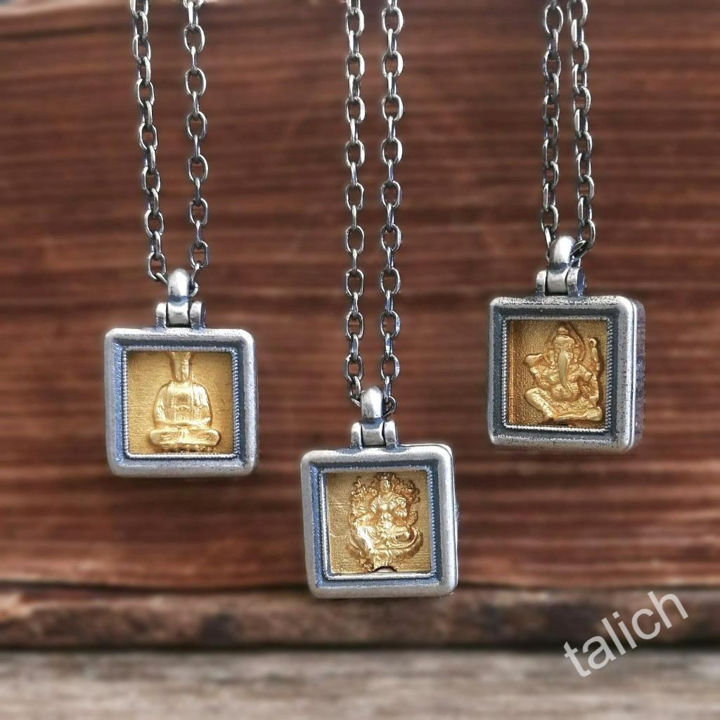 Gold Plated Sterling Silver Small Square Amulet Pendant Necklace Buddha ...