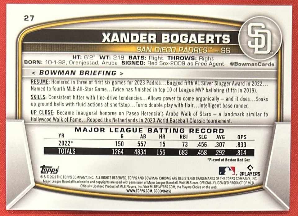 2023 BOWMAN CHROME XANDER BOGAERTS 73/75! | eBay