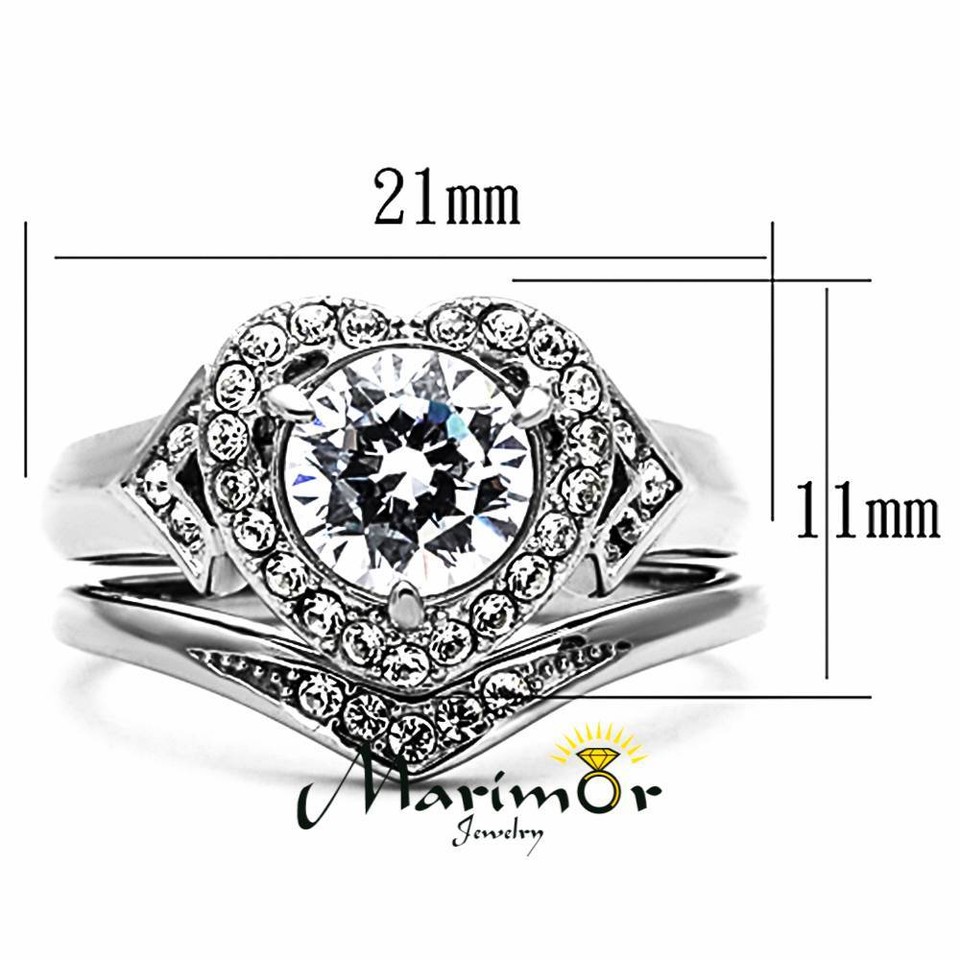 2.75 Ct Round Cut CZ Halo Heart Stainless Steel Wedding Ring Set Women ...