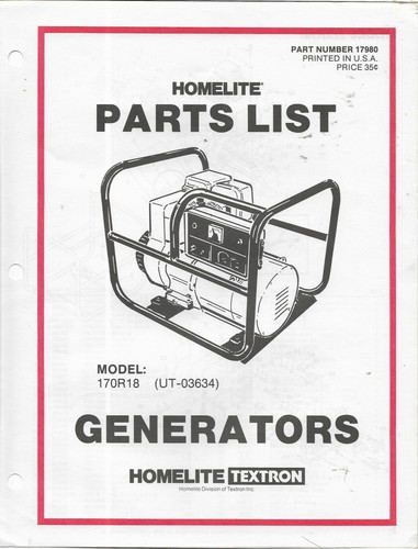 HOMELITE TEXTRON GENERATORS Model 170R18 Part No. 17980 Parts List | eBay