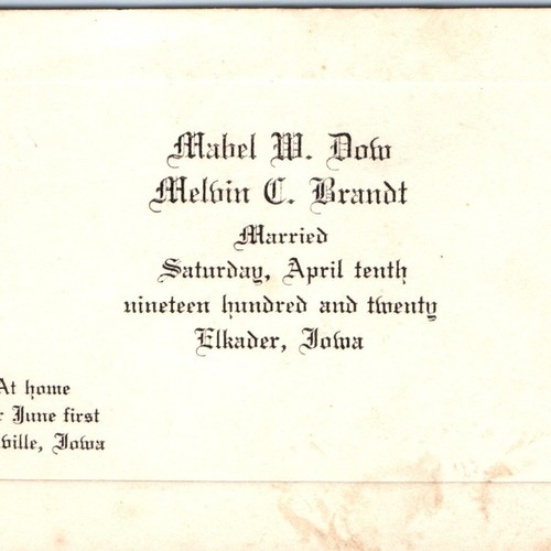 1920 Elkader, Iowa Marriage Card Mabel Dow Mevin Brandt Antique ...