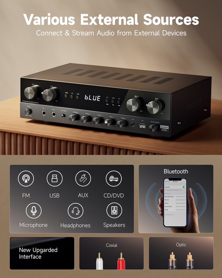 🔊 Donner MAMP5 Bluetooth HiFi Power Amplifier Receiver 4 Channel Audio ...
