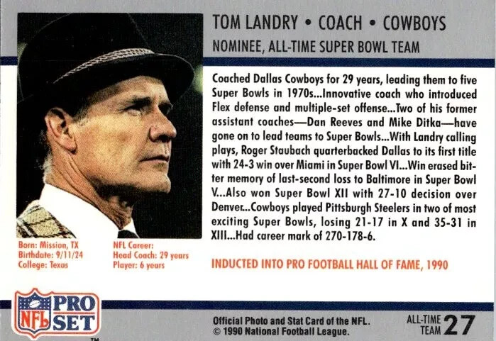 1990-91 Pro Set Super Bowl XXV Silver Anniv. Card #27 - TOM LANDRY ...