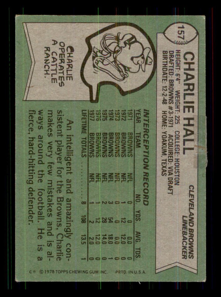 1978 Football Topps Charlie Hall Cleveland Browns #157 2 | eBay