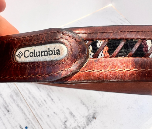 Columbia Baja Leather Belt Mens 44 Tapestry Cloth Colorful Inlay w ...