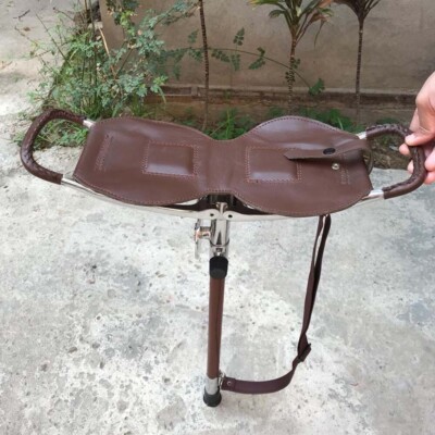 Shooting stick Folding chair Walking seat Brown Leather Round Seat With ...