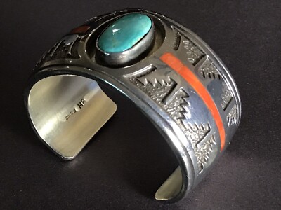 Michael Perry Navajo Sterling Silver Coral Turquoise Cuff Bracelet | eBay