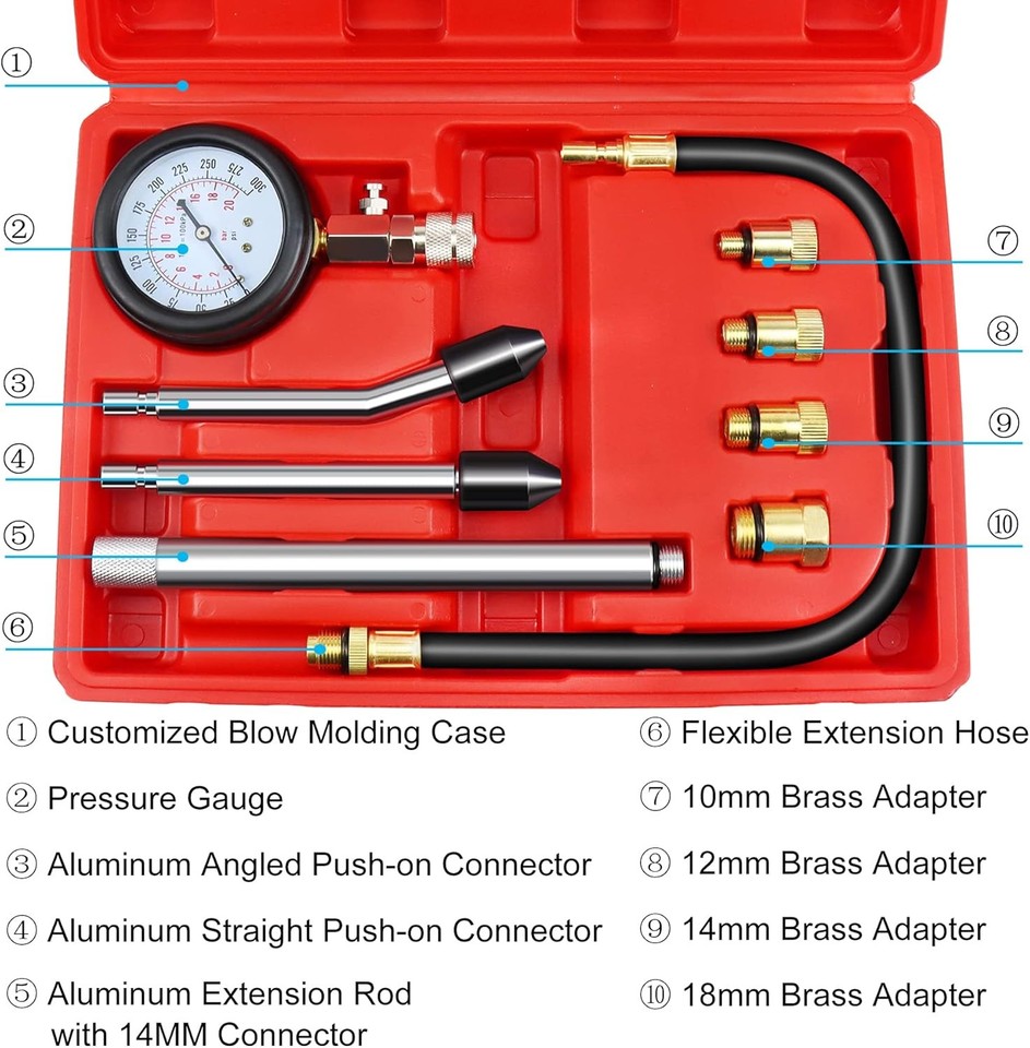 Engine Compression Tester Gauge Kit Cylinder Test Pressure Gage Tool ...