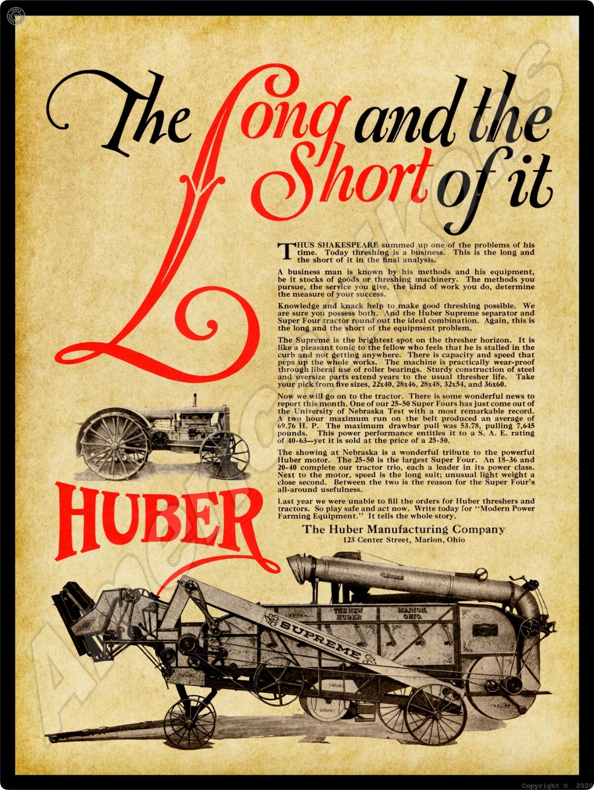 Huber Supreme Thresher, Super 4 NEW Metal Sign - 24"x30" USA STEEL XL ...