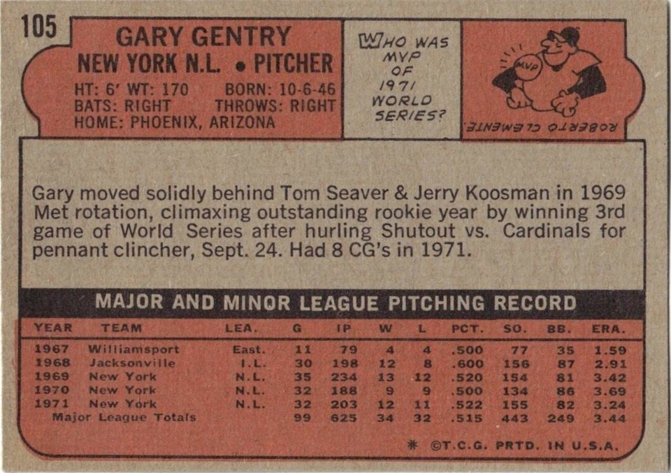 GARY GENTRY-PITCHER-NEW YORK METS-1972 TOPPS #105-RARE-NICE-AUTOGRAPHED ...