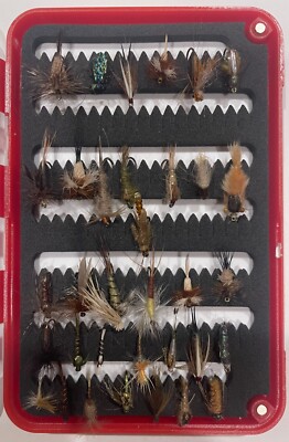Assortment of 34 Fishing Flies w/Fulling Mill Pocket Fly Box Slit Foam ...