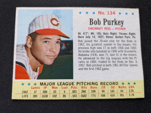 1963 Post Cereal Baseball Card # 134 Bob Purkey - Cincinnati Reds (VG ...