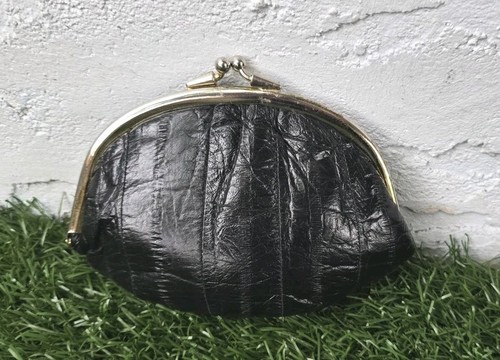 VTG Lee Sands Small Genuine Eel Skin Leather Black Kiss Lock Coin Purse ...