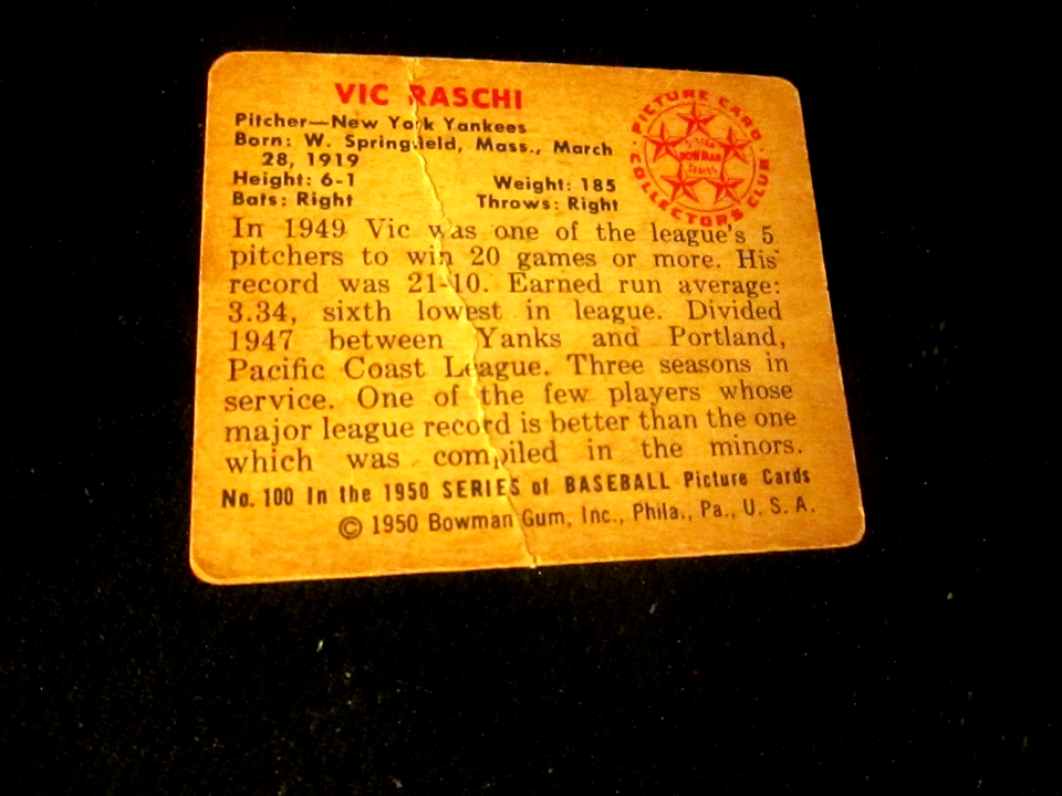 1950 Bowman #100 VIC RASCHI - New York Yankees- CREASED | eBay