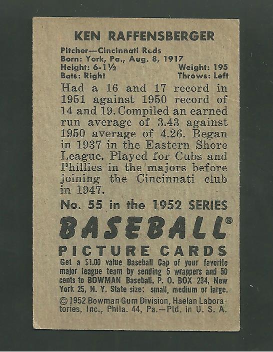 1952 Bowman #55 Ken Raffensberger Vintage Baseball Card MLB Cincinnati ...