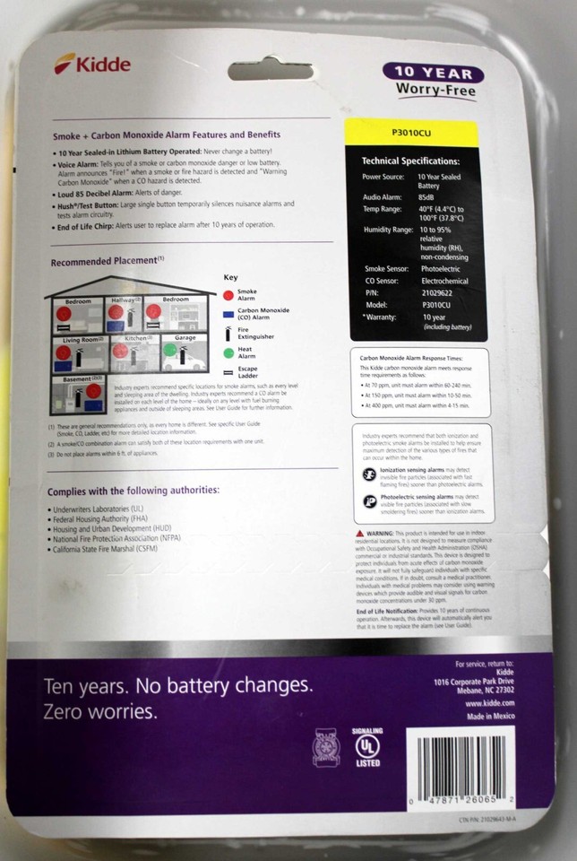 Kidde P3010CU 10-Year Worry Free Combination Smoke and Carbon Monoxide ...