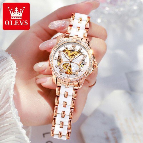 OLEVS Woman Ceramics Band Gems Shell Butterfly Hollow Mechanical Wrist ...
